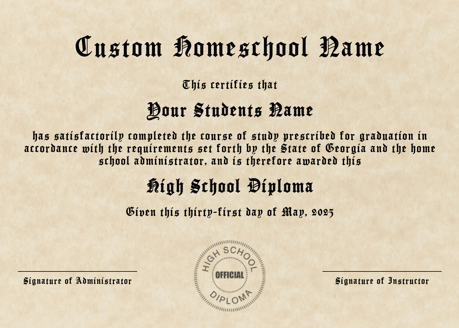 Customizable High School Diploma | HomeschoolTranscripts